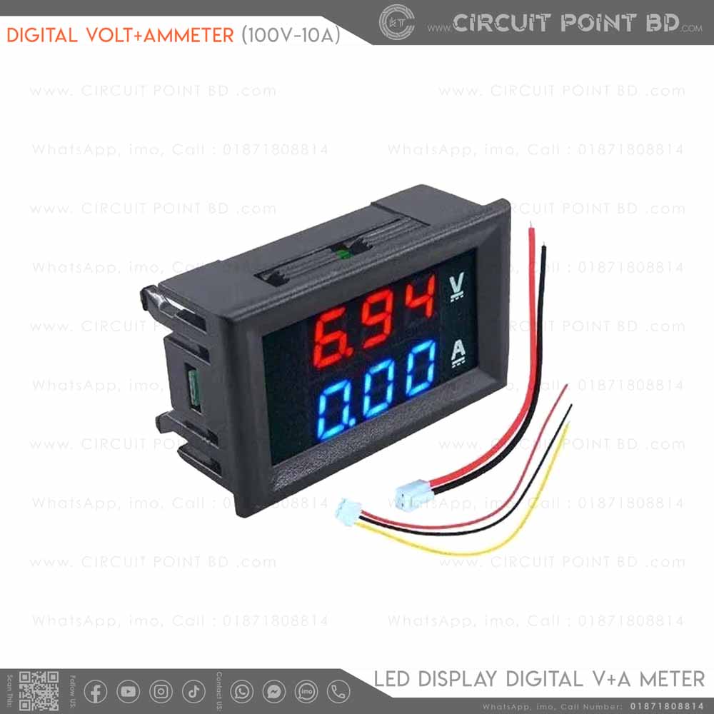 DC 0-100V 10A Digital Voltmeter Ammeter - Red & Blue Dual LED Display ...