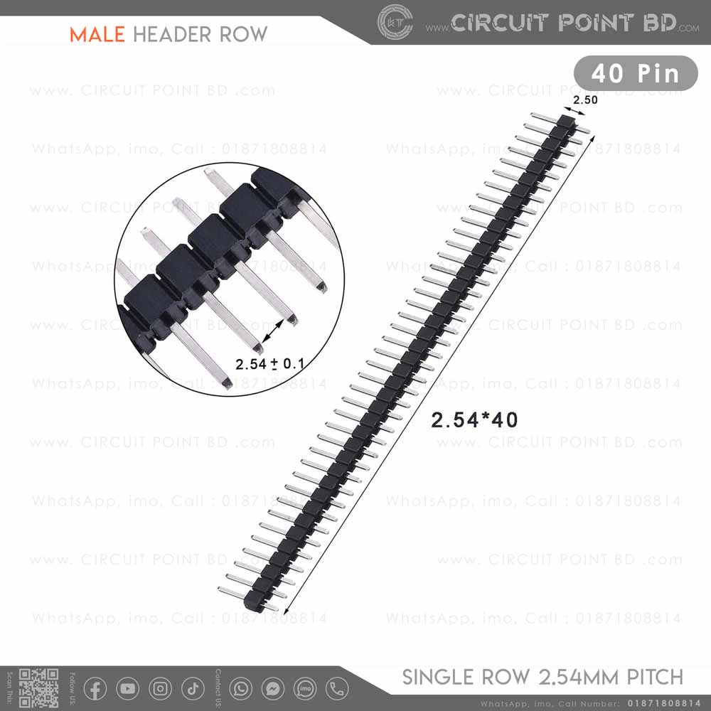 40-Pin Male Header Connector Strip | Single Row 2.54mm Pitch ...